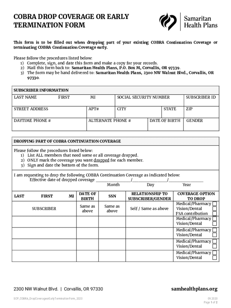 Fillable Online COBRA DROP COVERAGE OR EARLY TERMINATION FORM Fax Email ...