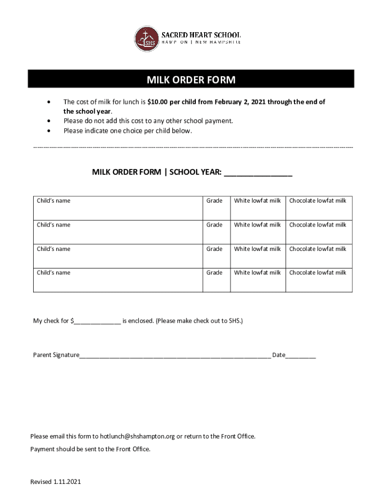 Fillable Online MILK ORDER FORM - shshampton.org Fax Email Print ...