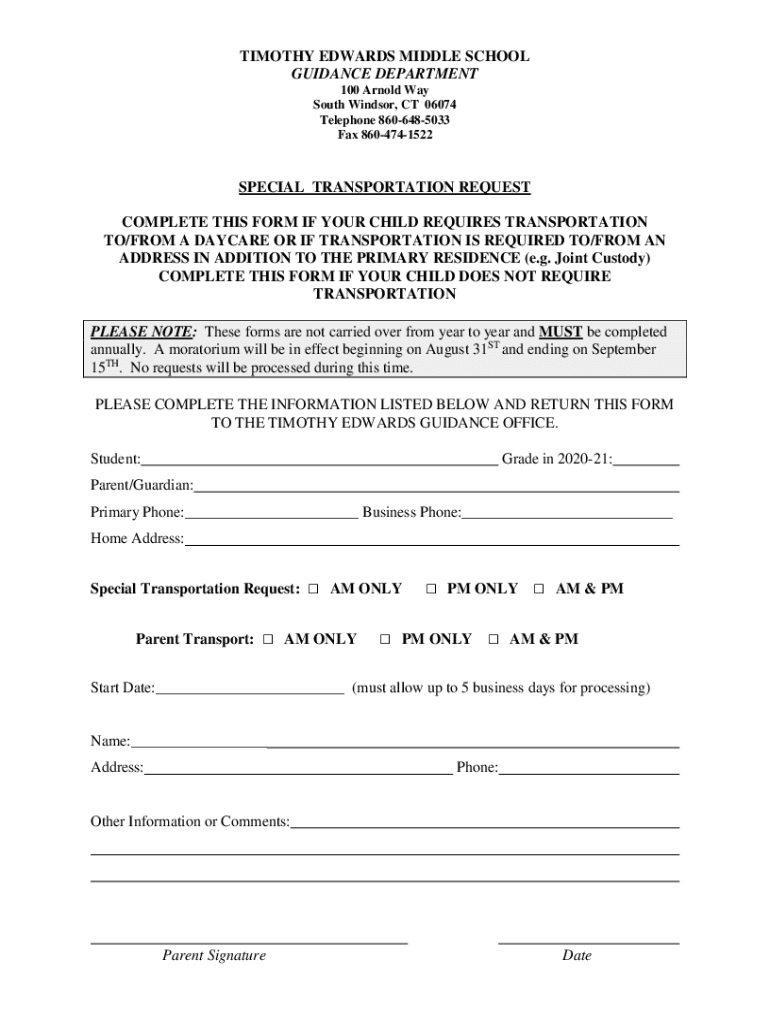 Fillable Online Timothy Edwards Middle School 100 Arnold Way, South ...