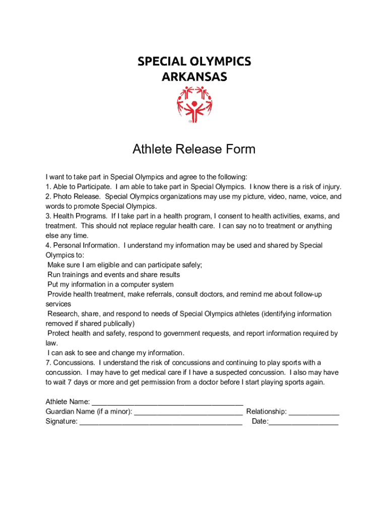 Fillable Online ATHLETE RELEASE FORM - Special Olympics Nebraska Fax ...