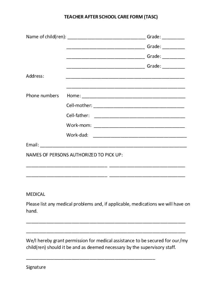 Fillable Online TEACHER AFTER SCHOOL CARE FORM (TASC) Fax Email Print ...