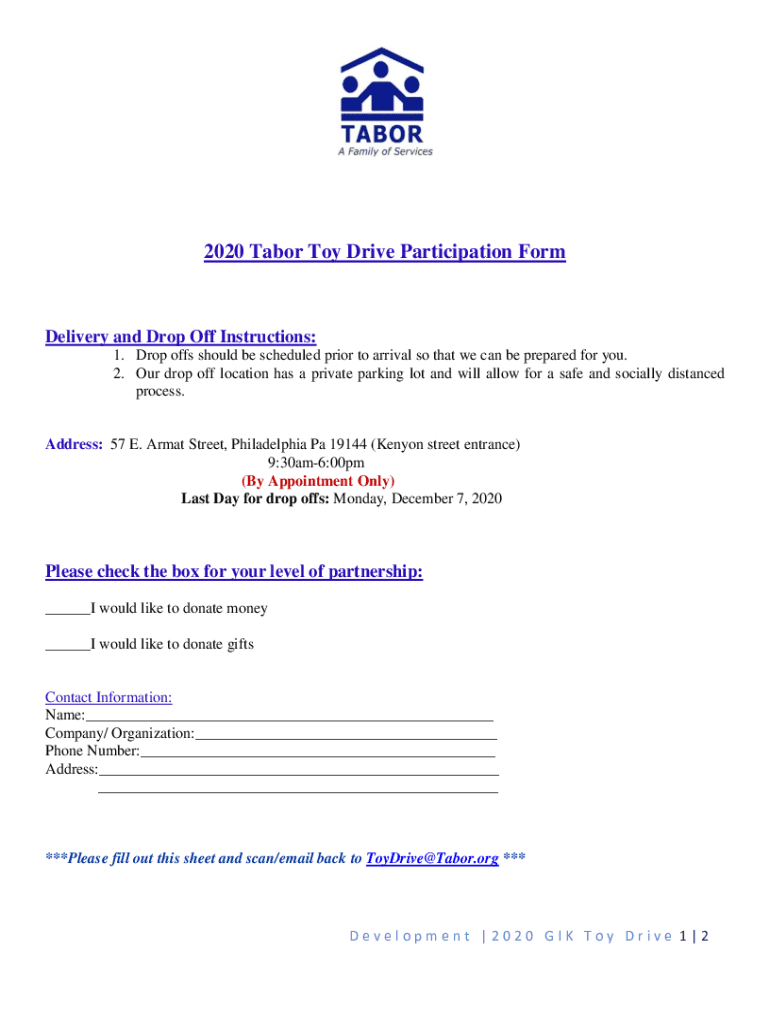 Fillable Online 2020 Tabor Toy Drive Participation Form Fax Email Print - pdfFiller