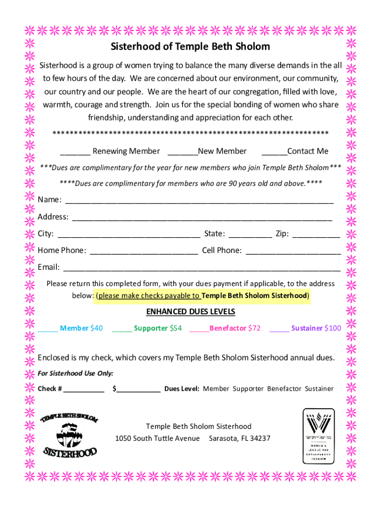 Fillable Online Sisterhood - Temple Beth Sholom (Miami Beach) Fax Email ...