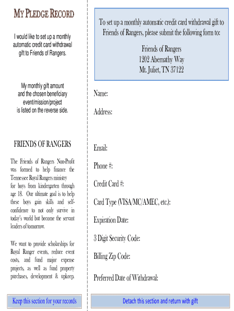 Fillable Online MY PLEDGE RECORD To set up a monthly ... - tnrangers ...