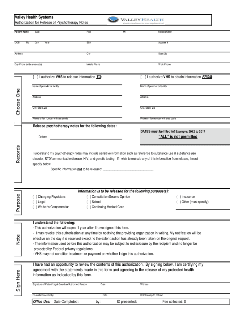 Fillable Online Behavioral Health Release Form - Valley Health Fax ...
