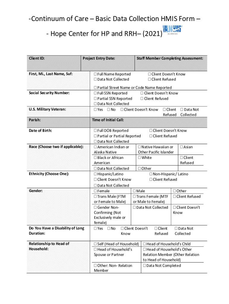 Fillable Online -Continuum of Care Basic Data Collection HMIS Form ...