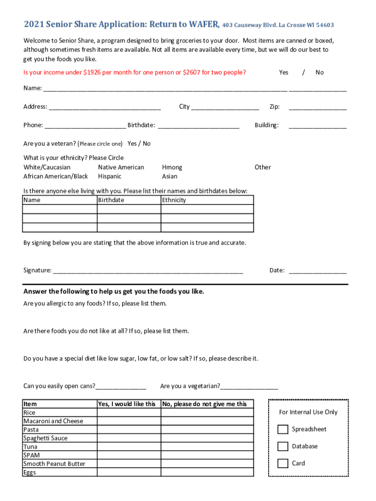 Fillable Online Senior Share Application Form - WAFER Food Pantry Fax ...