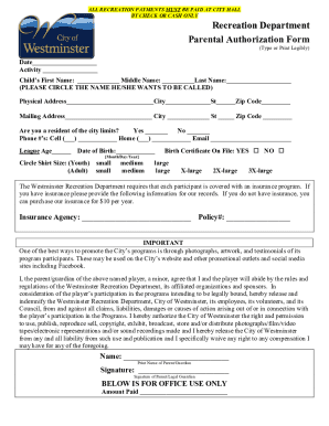 Fillable Online Recreation Department Parental Authorization Form Fax ...