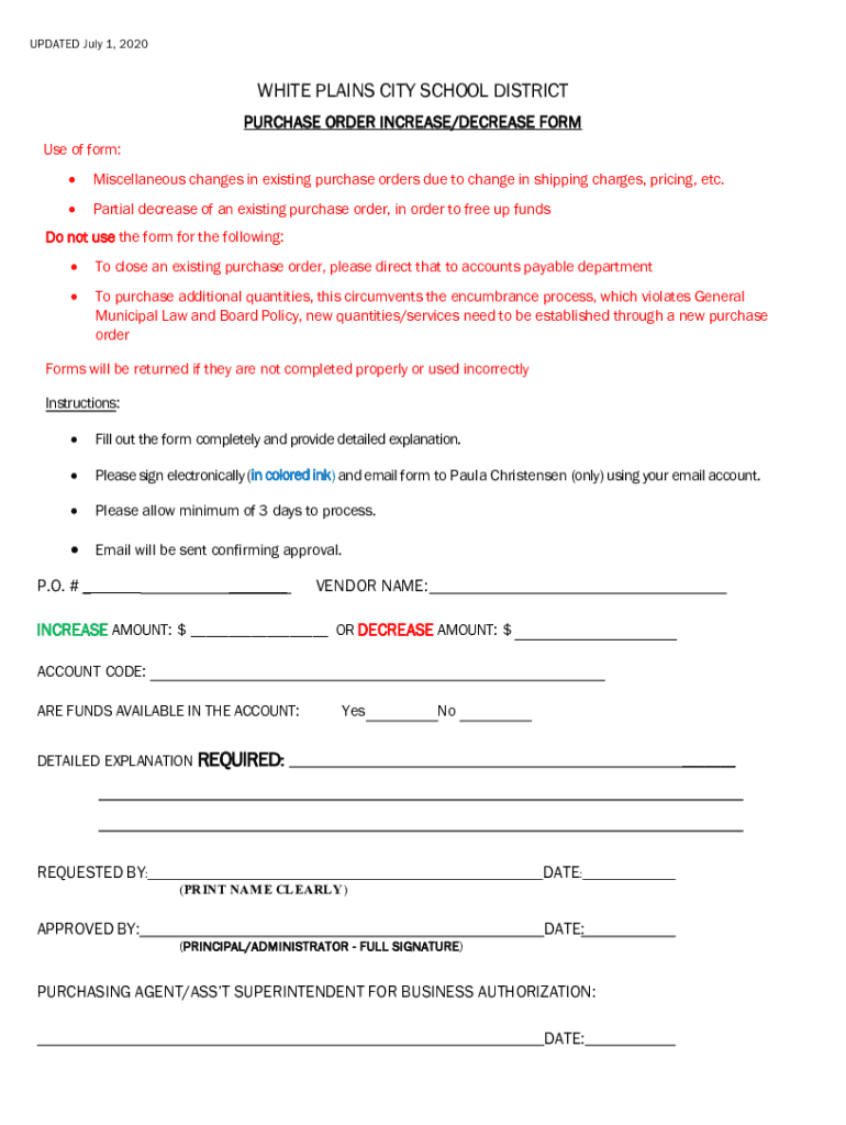 Fillable Online PURCHASE ORDER INCREASE-DECREASE FILLABLE FORM 2-18 Fax Email Print - pdfFiller