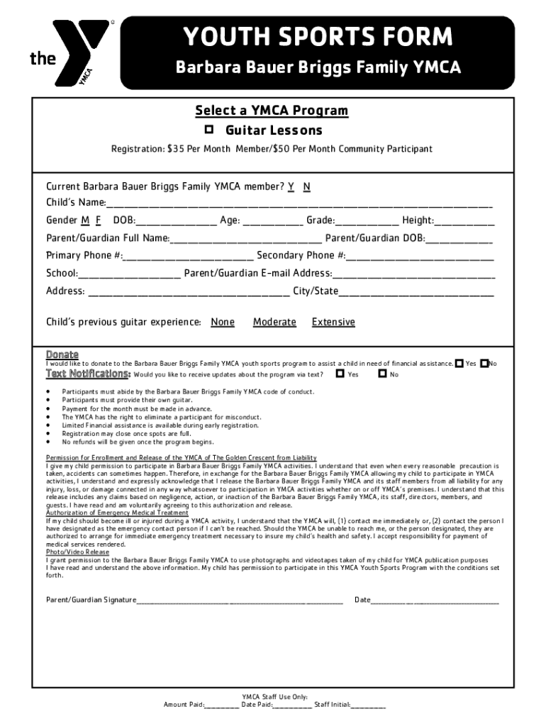 Fillable Online YOUTH SPORTS FORM - ymcavictoria.org Fax Email Print ...