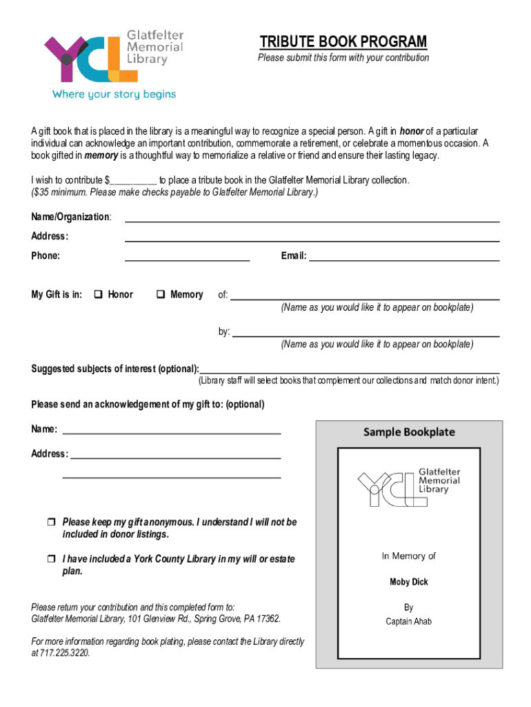 Fillable Online GLA Tribute Book Form.docx Fax Email Print - pdfFiller