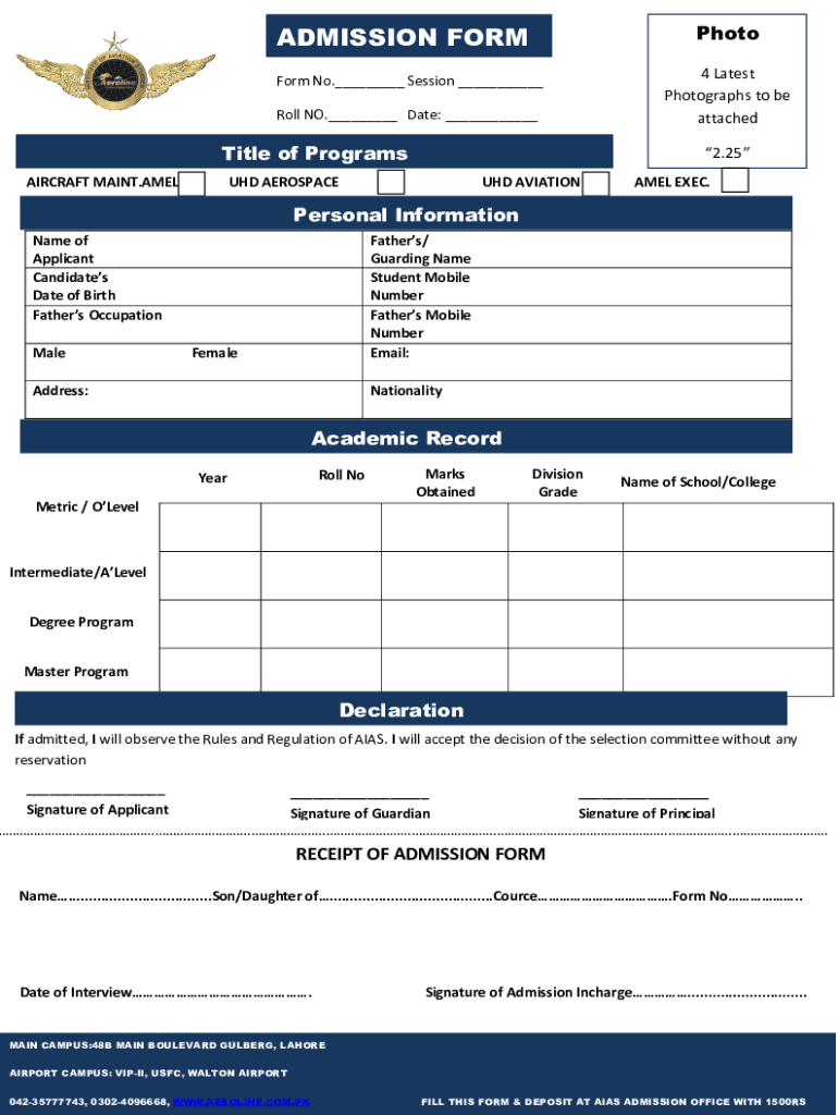 Fillable Online ADMISSION FORM Photo - aeroline.com.pk Fax Email Print ...