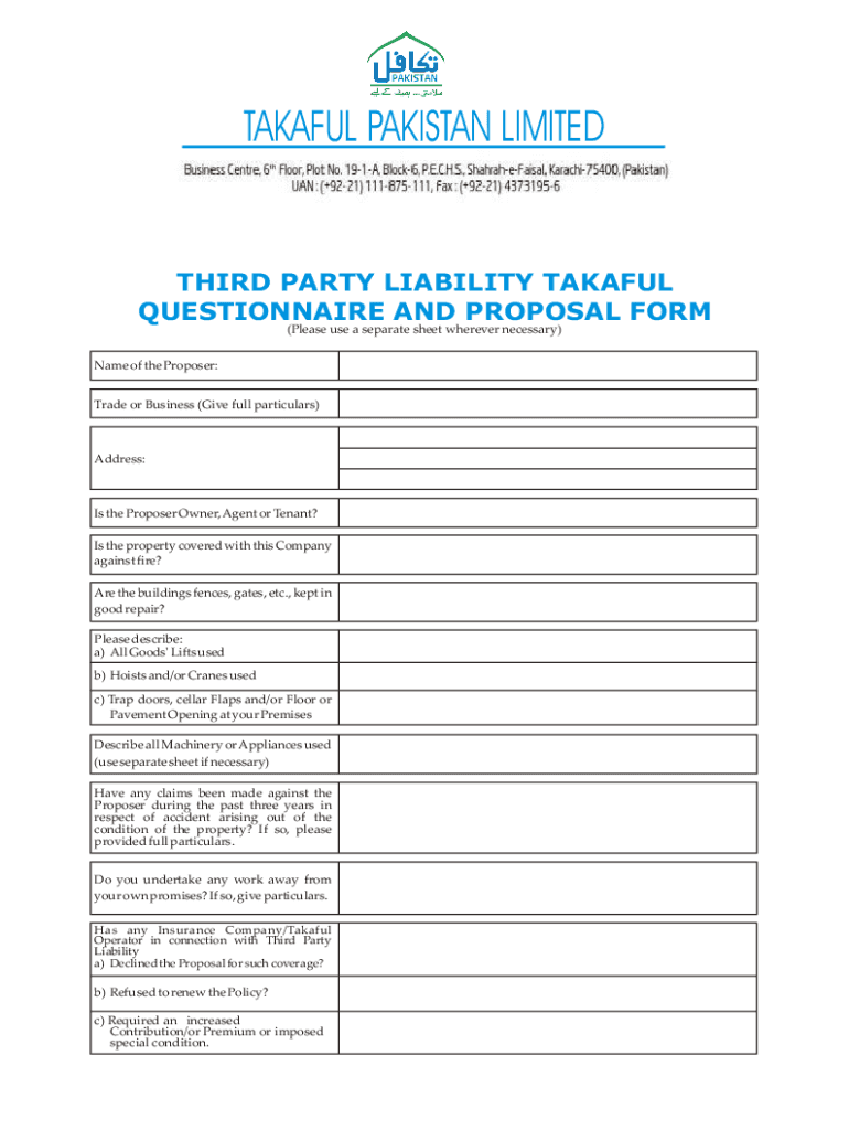 Fillable Online THIRD PARTY LIABILITY TAKAFUL CONTRACT P F Fax Email ...