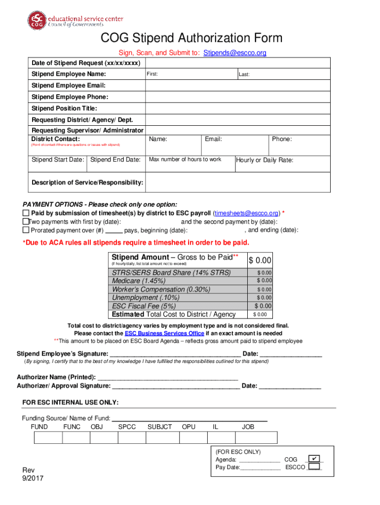 Fillable Online COG Stipend Authorization Form Fax Email Print - pdfFiller