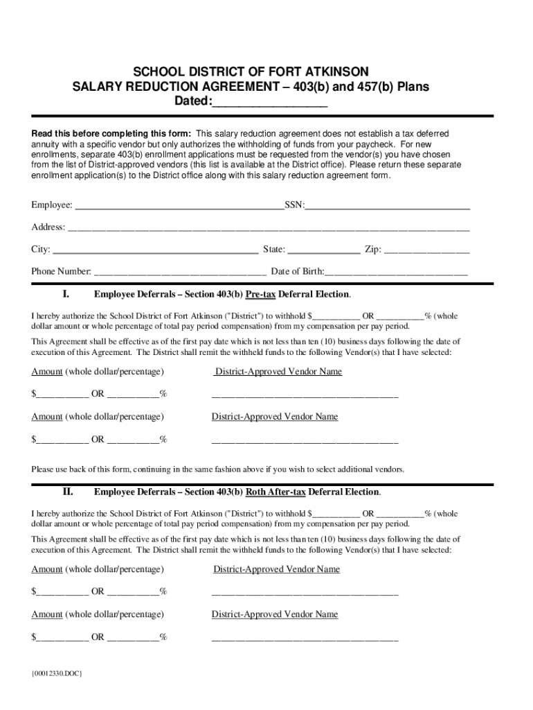 Fillable Online Fort Atkinson 403b and 457b Salary Reduction Agreement ...