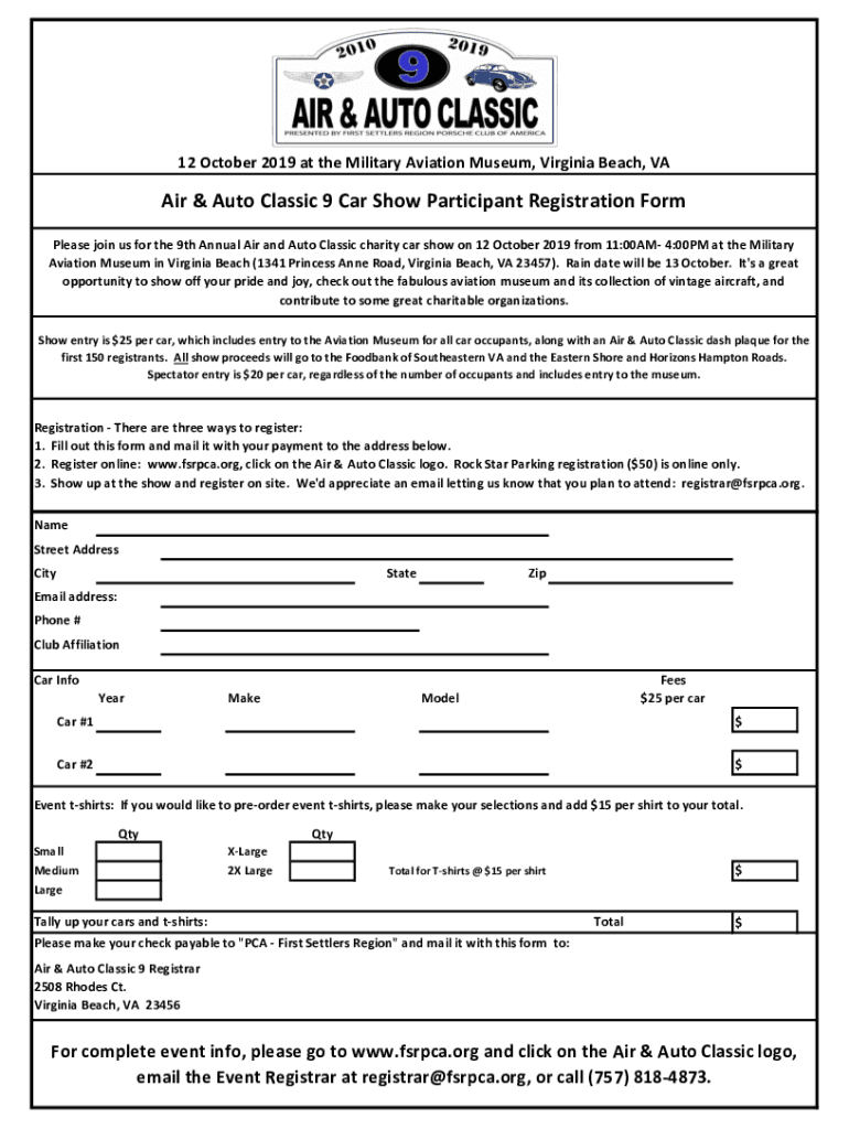 Fillable Online Air & Auto Classic 9 Car Show Participant Registration ...