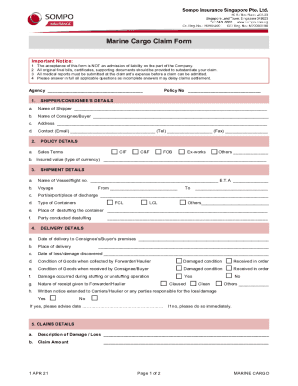 Fillable Online Marine Cargo Claim Form - sompo.com.sg Fax Email Print ...