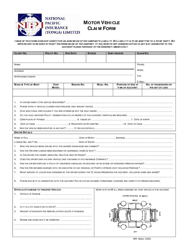 Fillable Online Motor, Classic Vehicle & Motorcycle Accident Claim Form ...