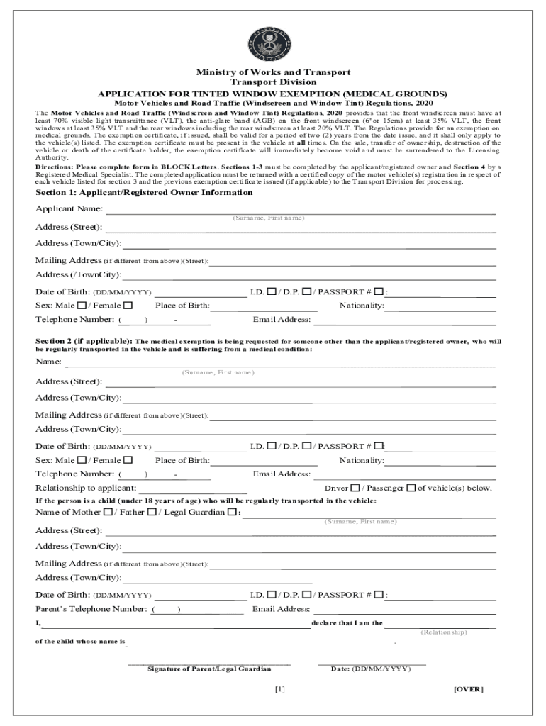 Fillable Online Application for Tinted Window Exemption (Medical ...