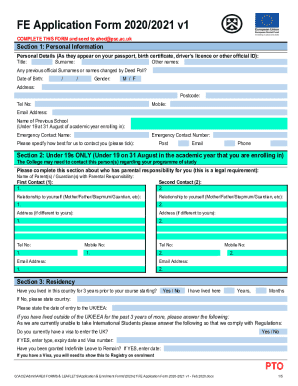 Fillable Online FE Application Form 2020/2021 v1 - Peter Symonds ...