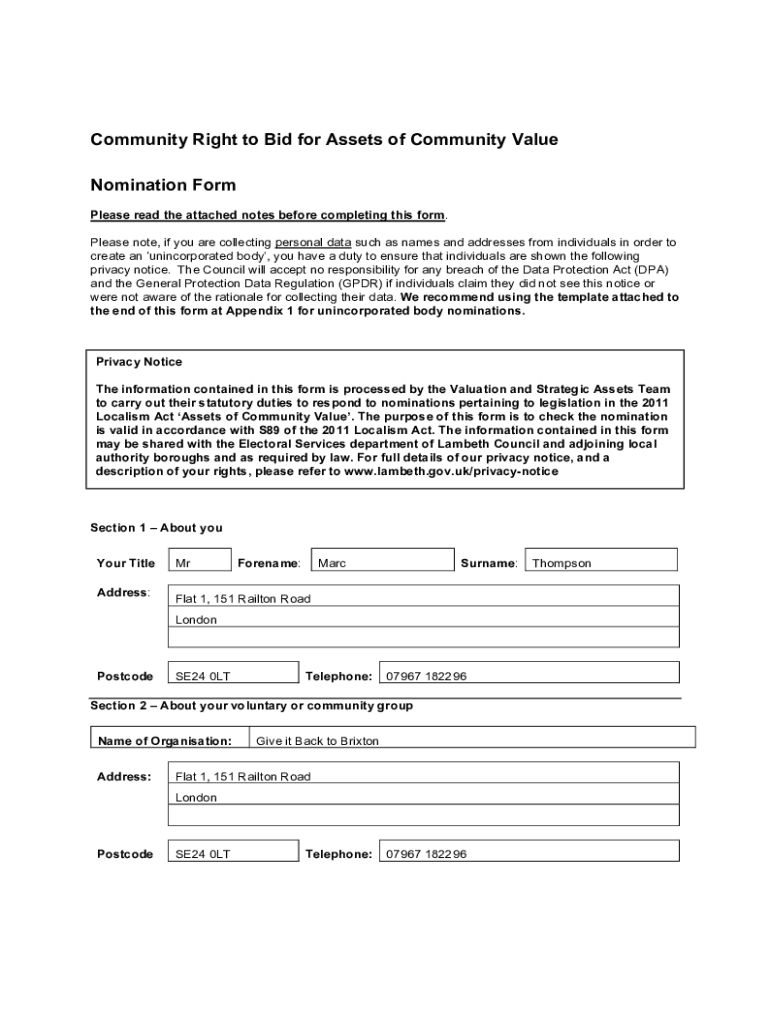 Fillable Online Completed asset of community value form Fax Email Print ...