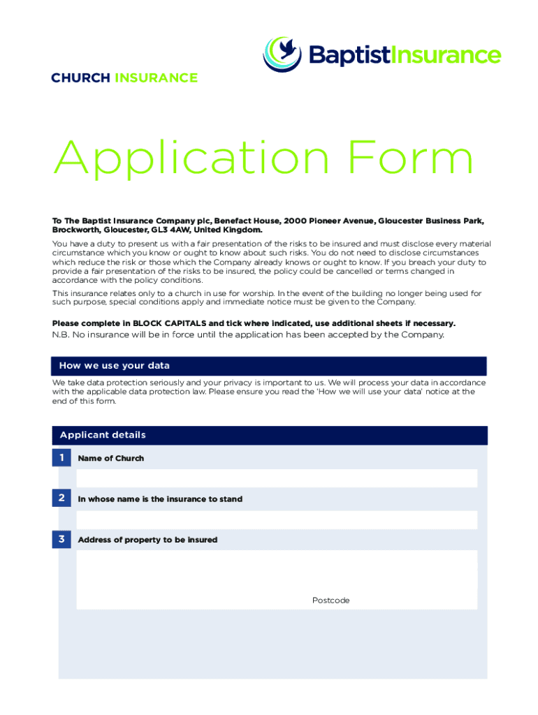 Fillable Online Church Insurance Application FormBaptist Insurance ...