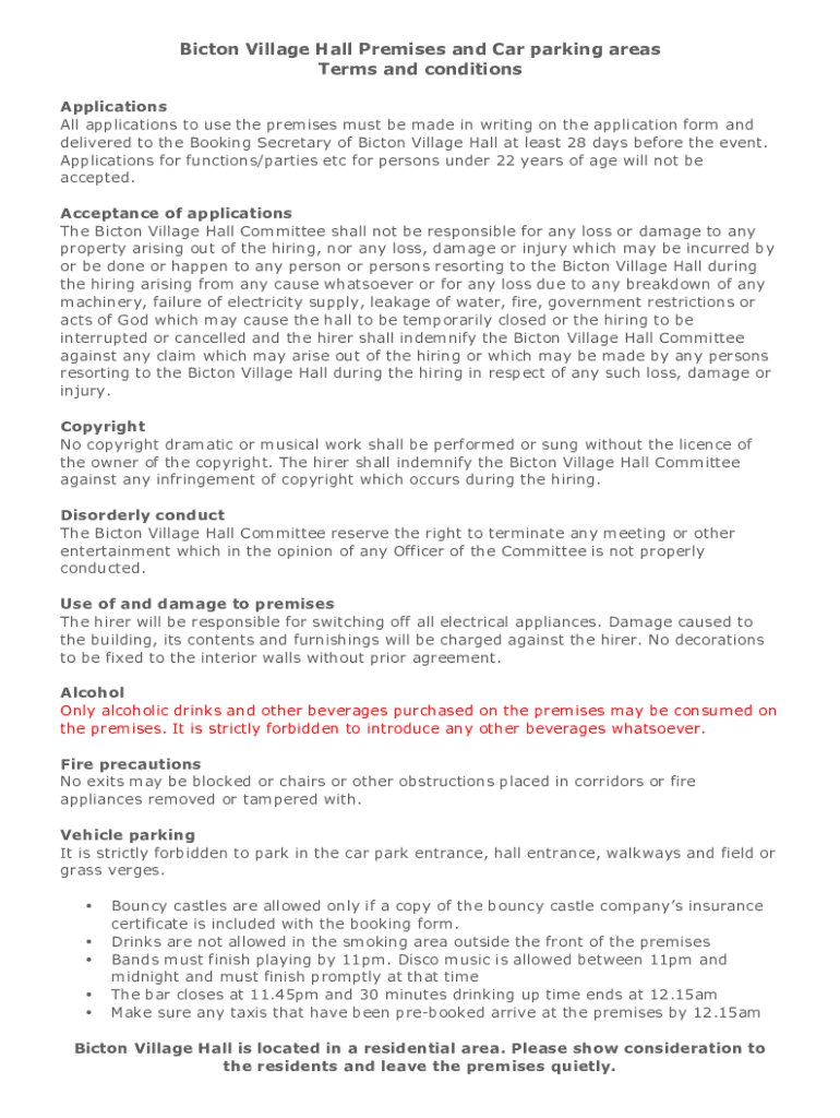 Fillable Online Bicton Village Hall Premises and Car parking areas ...
