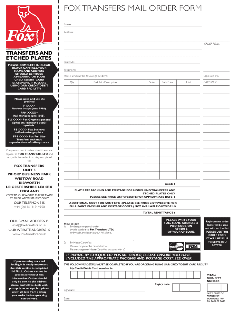 Fillable Online FOX TRANSFERS MAIL ORDER FORM Fax Email Print - pdfFiller