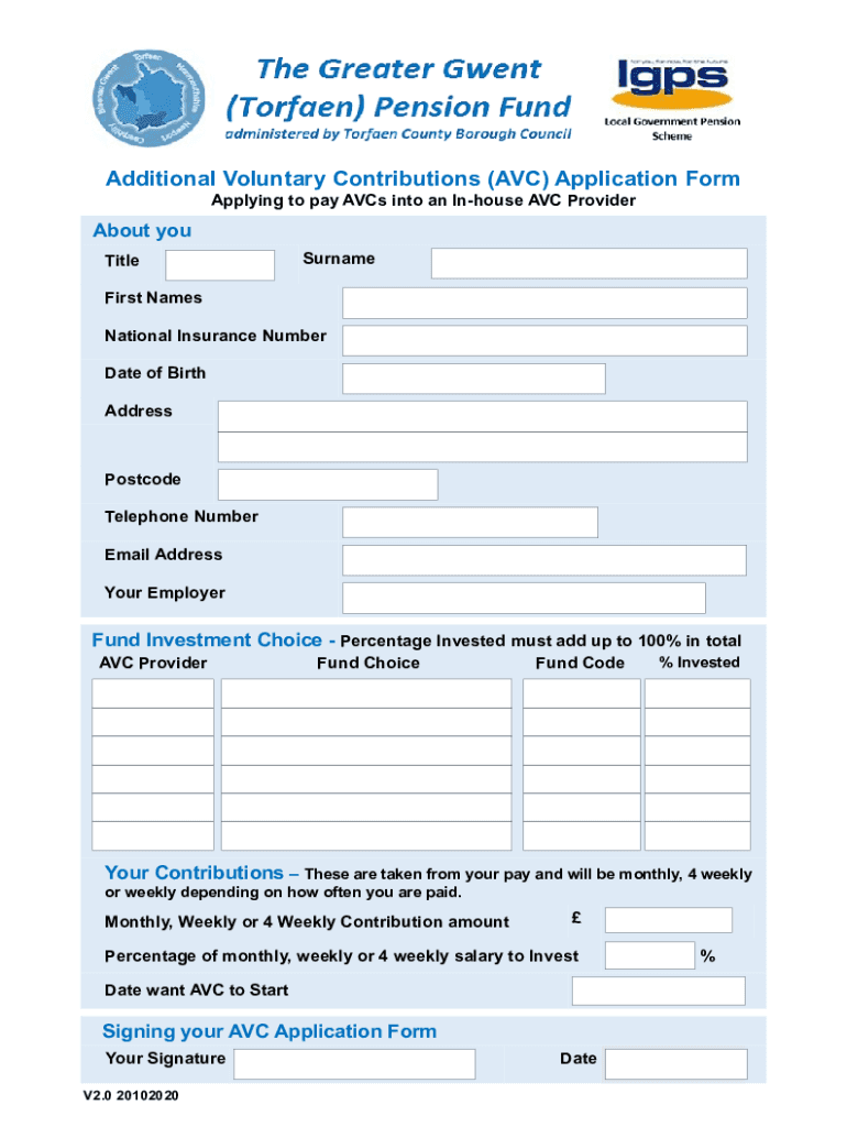 Fillable Online gwentpensionfund co Additional Voluntary Contributions (AVC) Application Form ...