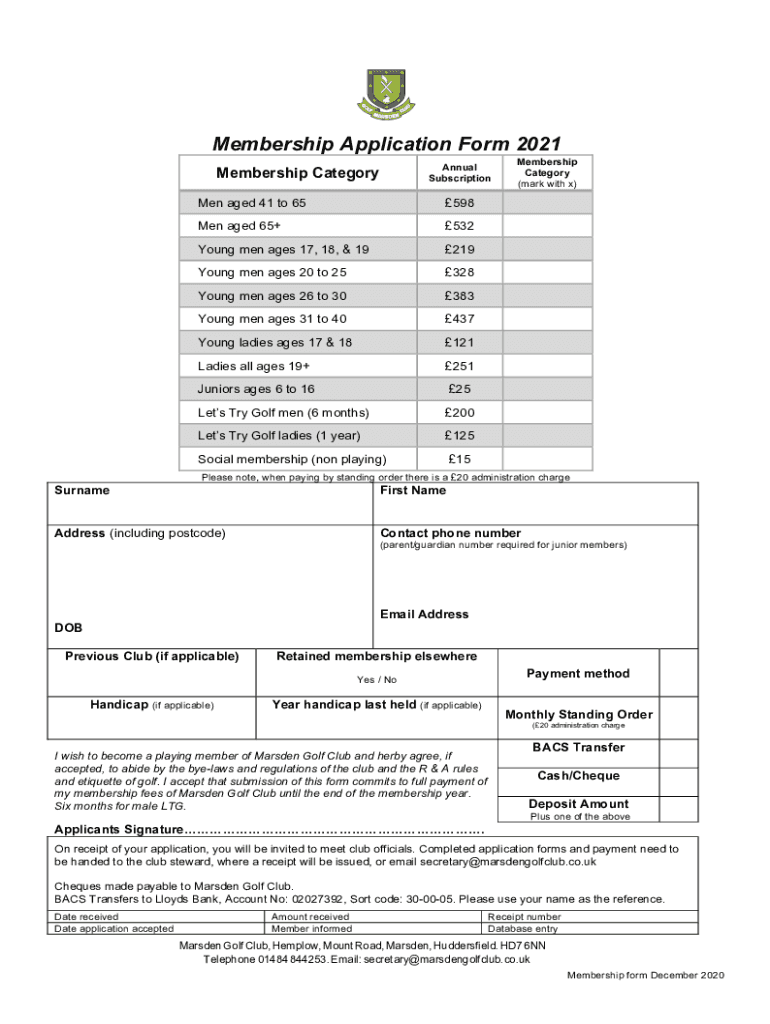 Fillable Online 2021 adult Men's Golf Club Membership Application Form ...