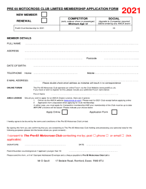 Fillable Online PRE 65 MOTOCROSS CLUB LIMITED MEMBERSHIP APPLICATION ...