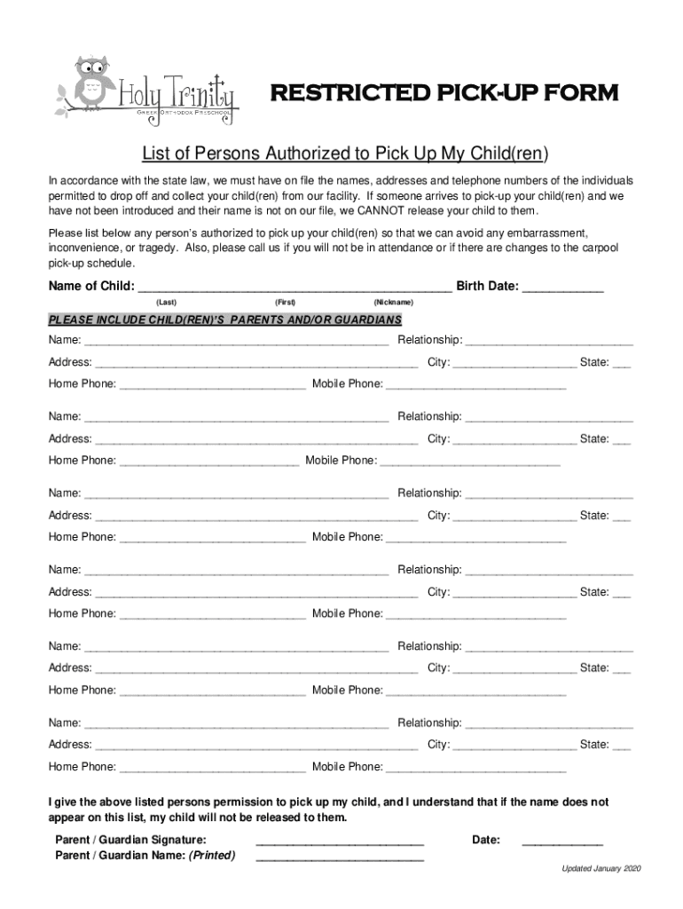 Fillable Online Child pick-up authorization form in Word and Pdf ...