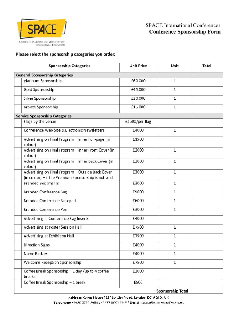 Fillable Online SPACE CONFERENCE SPONSORSHIP FORM Fax Email Print ...