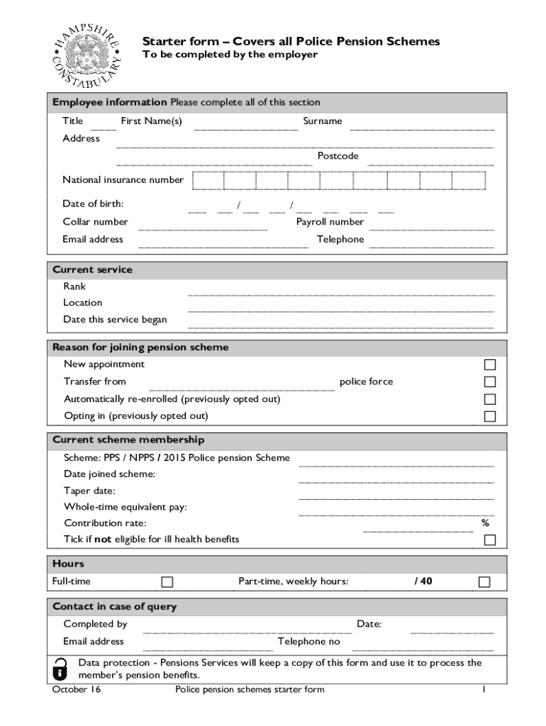 Fillable Online Starter form Covers all Police Pension Schemes ...