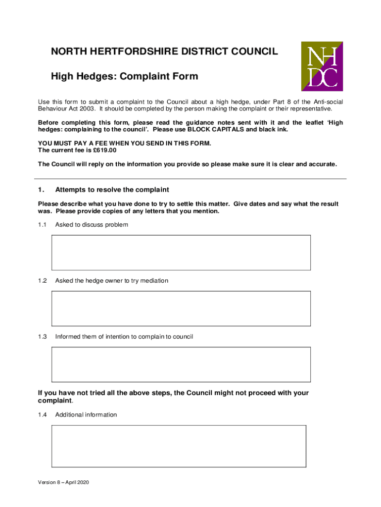 Fillable Online NORTH HERTFORDSHIRE DISTRICT COUNCIL High Hedges: Complaint Form Fax Email Print ...