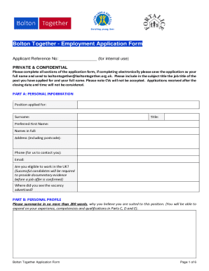 Fillable Online Bolton Together - Employment Application Form Fax Email ...