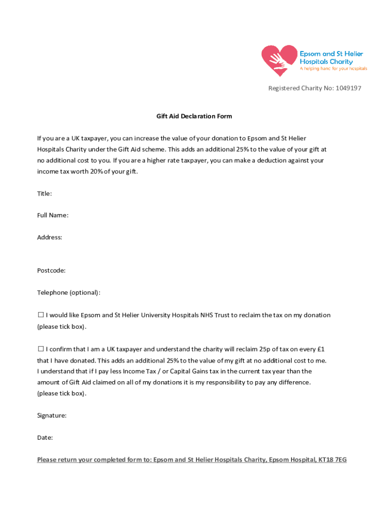 Fillable Online Gift Aid Declaration Form - Kidney Research UK Fax ...
