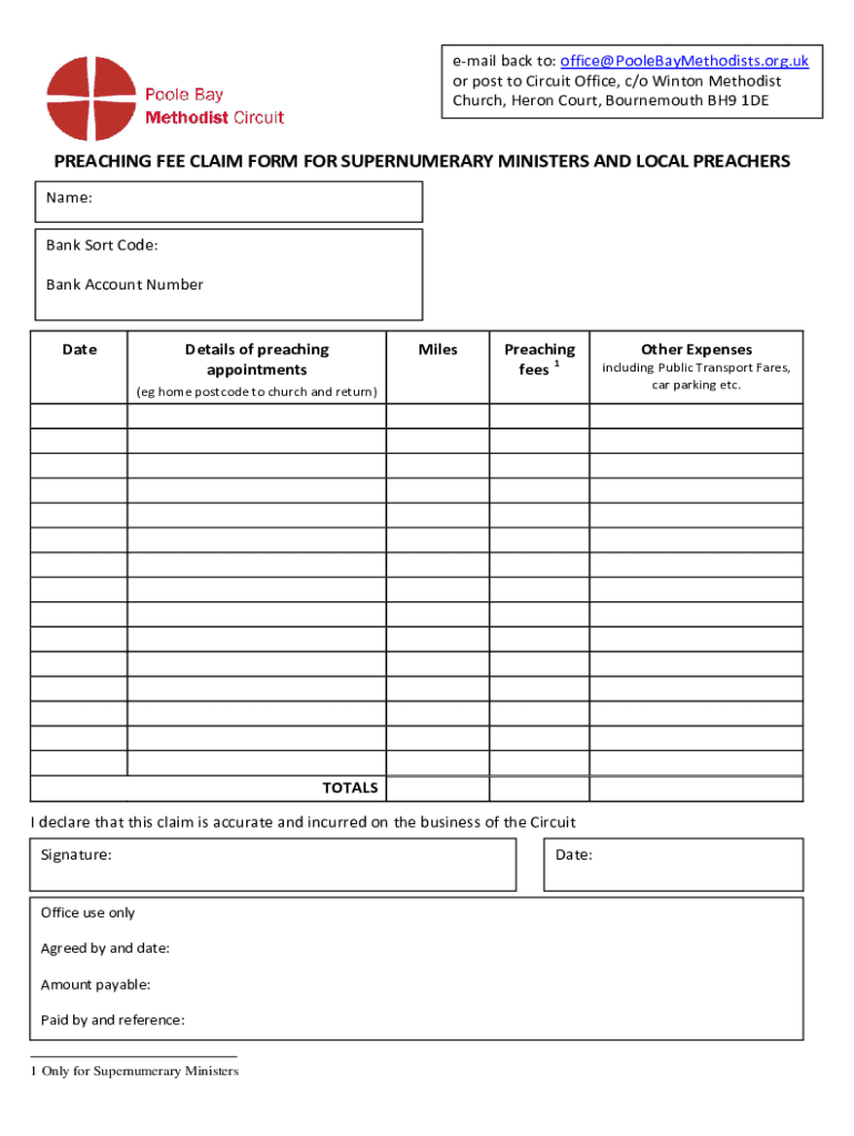 Fillable Online PREACHING FEE CLAIM FORM FOR SUPERNUMERARY MINISTERS ...