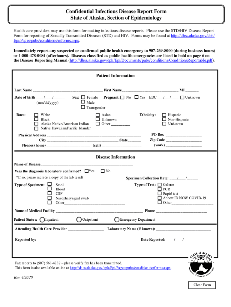 Fillable Online Confidential Infectious Disease Report Form State Of ...