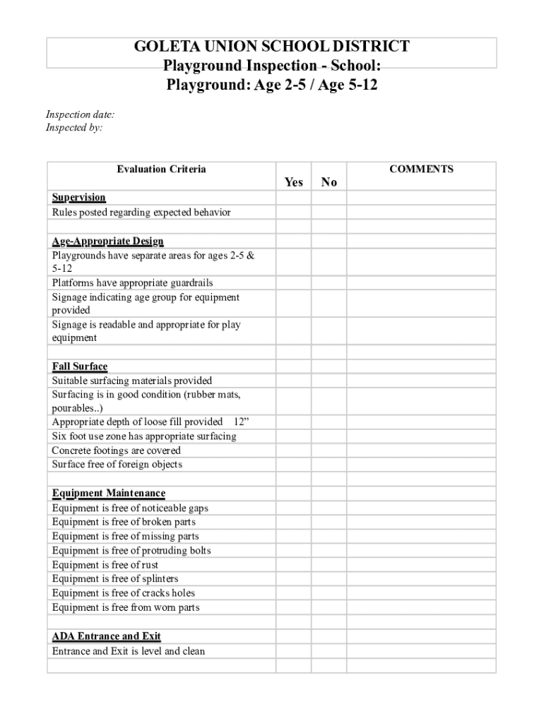 Fillable Online Monthly playground inspection form Goleta Union Fax ...