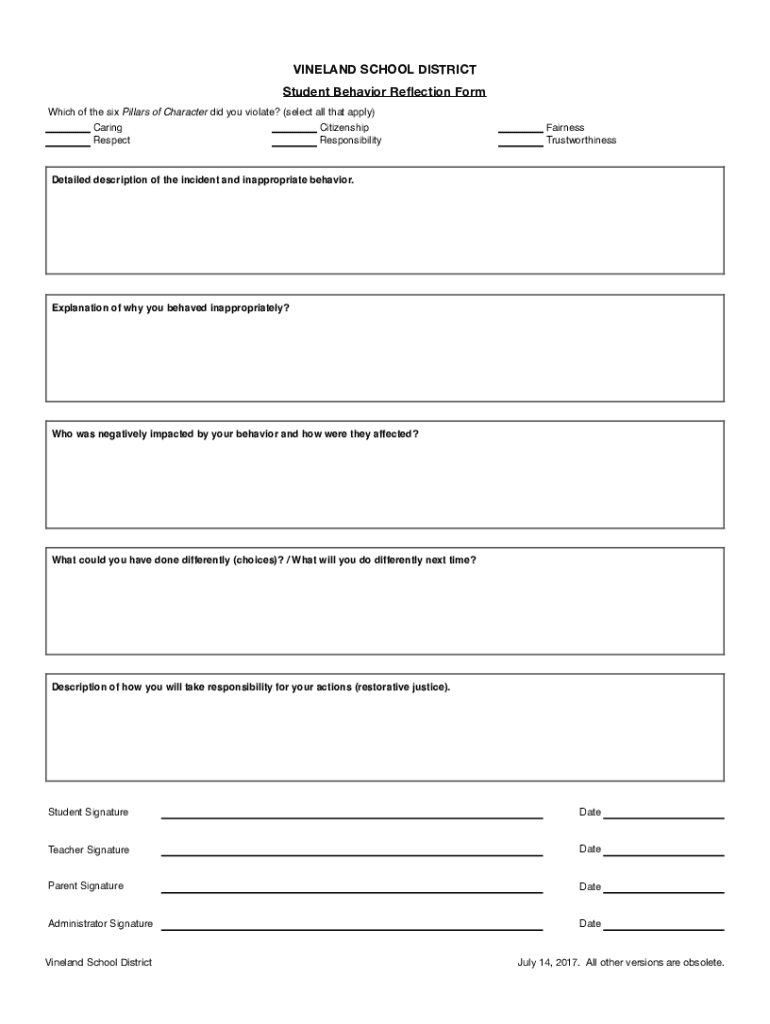 Fillable Online vineland k12 ca Student Refelction Form Fax Email Print ...