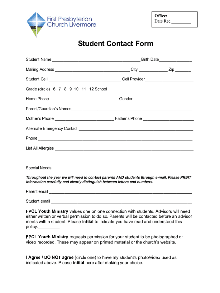 Fillable Online Student Contact Form - fpcl.us Fax Email Print - pdfFiller