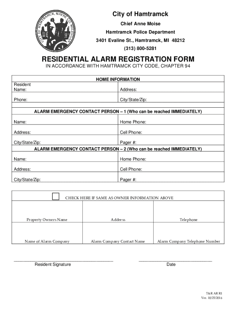 Fillable Online Residential Alarm Registration Form (AR R1) Fax Email ...