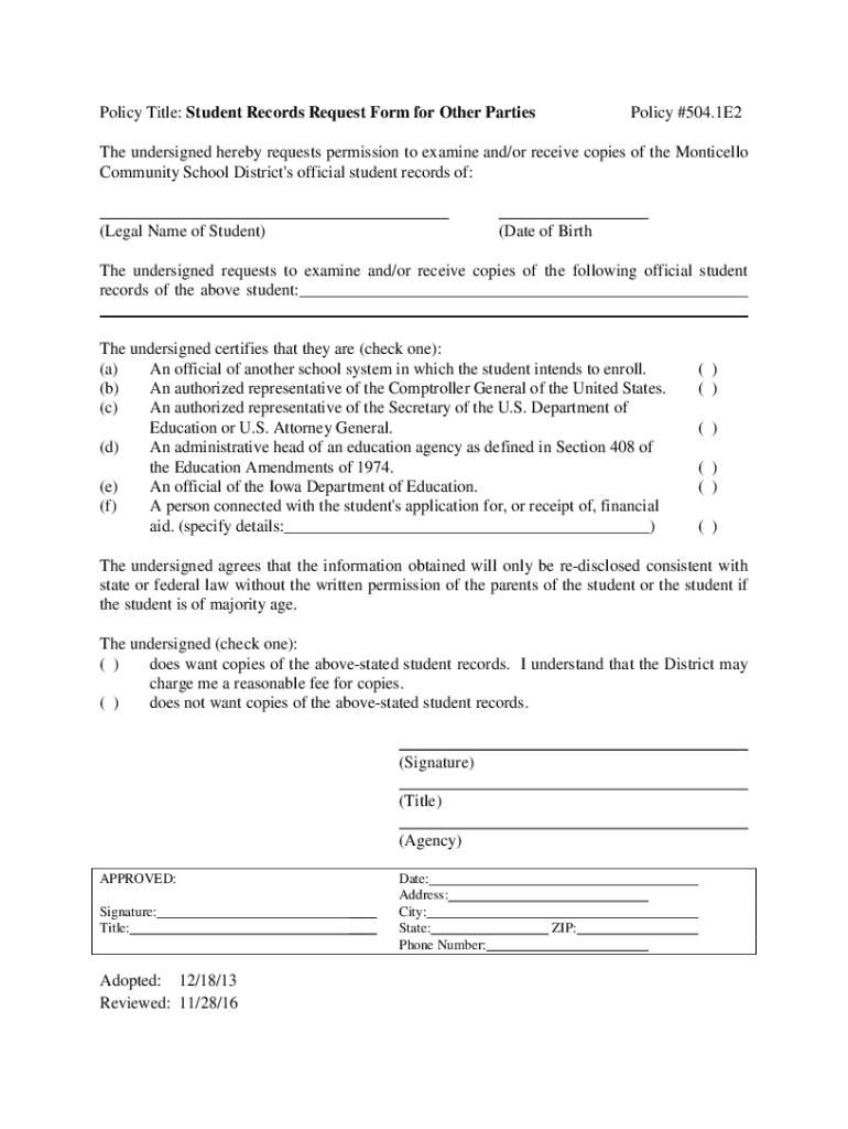 Fillable Online Policy Title: Student Records Request Form for Other ...