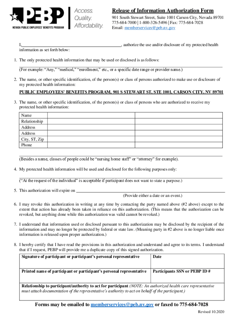 Fillable Online pebp state nv 901 South Stewart Street, Suite 1001 ...