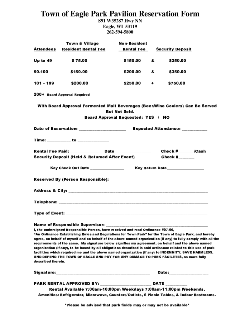 Fillable Online Town of Eagle Park Reservation Form Fax Email Print ...