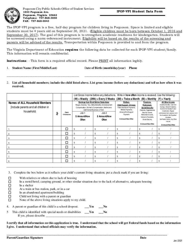 Fillable Online IPOP VPI Student Data Form Fax Email Print PdfFiller fillable-online-ipop-vpi-student-data-form-fax-email-print-pdffiller