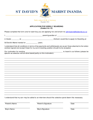 Fillable Online PDF Weekly Boarding Application Form - St David's ...