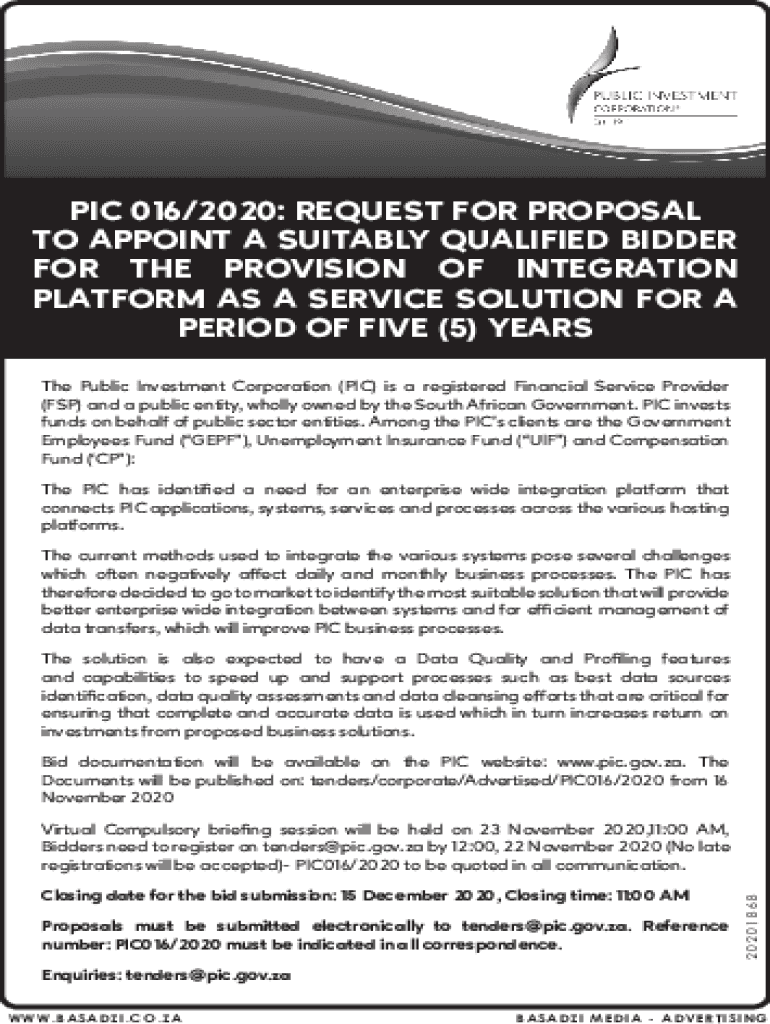 Fillable Online PIC 016/2020: REQUEST FOR PROPOSAL Fax Email Print ...