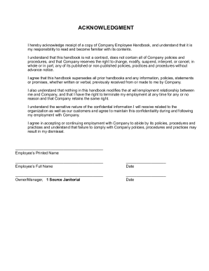 Fillable Online EMPLOYEE HANDBOOK ACKNOWLEDGMENT AND RECEIPTSample ...